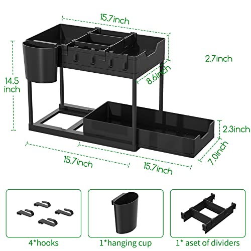 SAMODRA Under Sink Organizers and Storage, Kitchen Cabinet Storage 2 Tier Drawer Pull-able Basket Organizer Bathroom Storage Rack with Hooks, DIY Removable Dividers (Black-Double Drawer Pull-able)