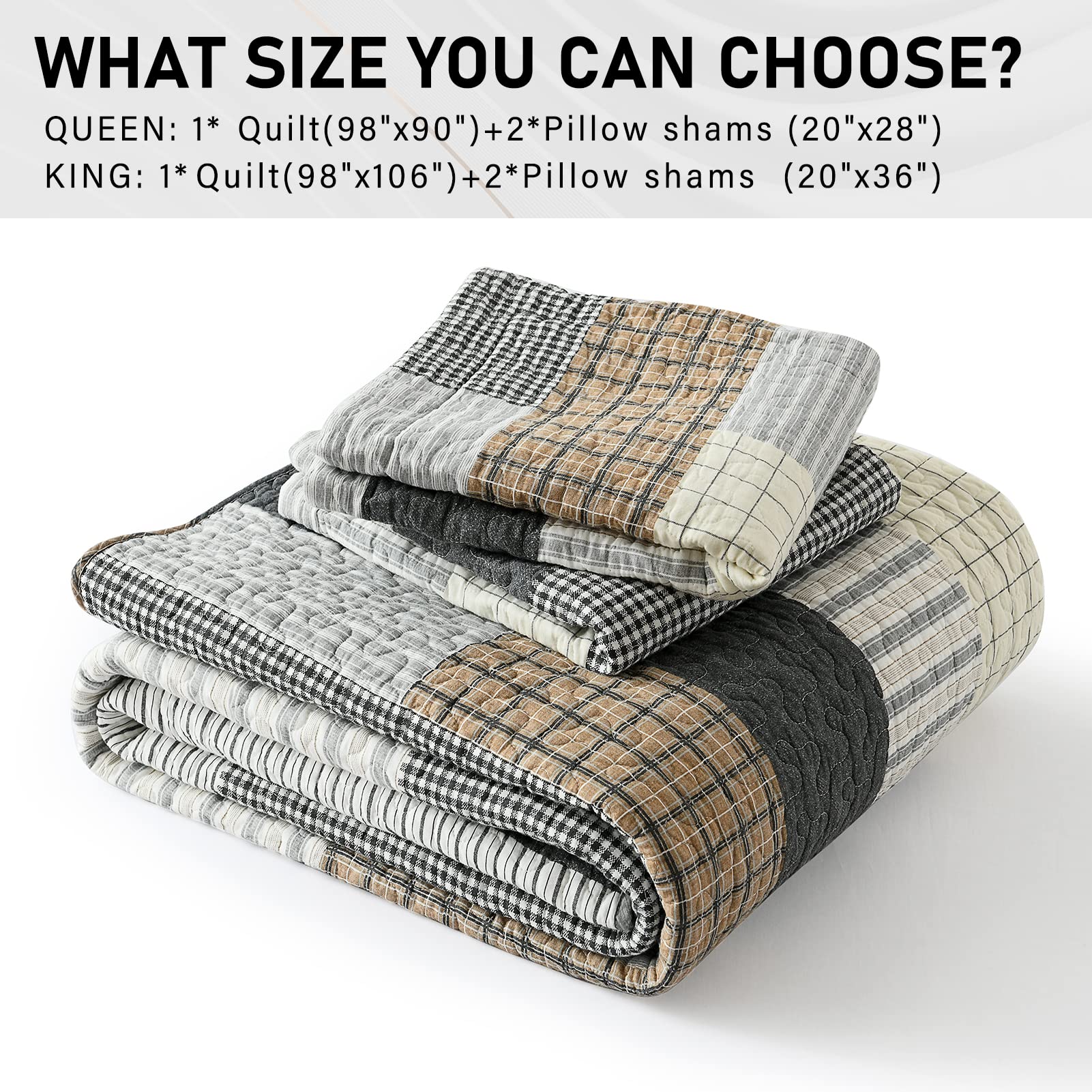 PERHOM Quilt Queen Size - 100% Cotton Farmhouse Rustic Queen Quilt Set, Cabin Bedding Set Bedspreads, Lodge Lightweight Patchwork Plaid Quilted Comforter for Queen Bed, Grey/Brown/Beige