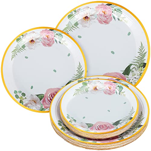 Aneco 60 Pieces Floral Paper Plates Set Disposable Party Plates 30 Pieces 7 Inch Dessert Plates and 30 Pieces 9 Inch Dinner Plates for Party, Birthday, Baby Shower