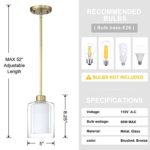 Dolaimi House 3 Pack 1 Light Indoor Hanging Kitchen Island Pendant Light 5" Clear Frosted Glass Chandelier Shade Fixture,Brushed Bronze Finish for Bar,Dining Room Over Sink