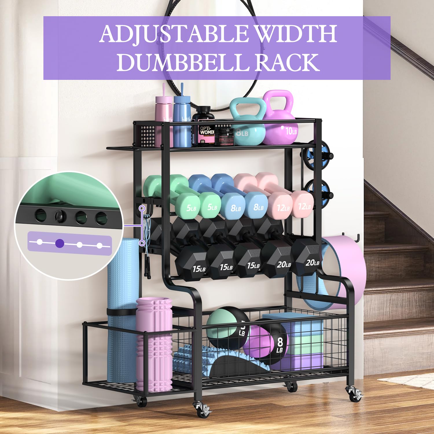 Dumbbell Rack, Weight Rack for Dumbbells, Home Gym Storage Rack for Yoga Mat Kettlebells Balls and Strength Training Equipment, Weight Storage Holder Rack for Dumbbells with Wheels and Hooks