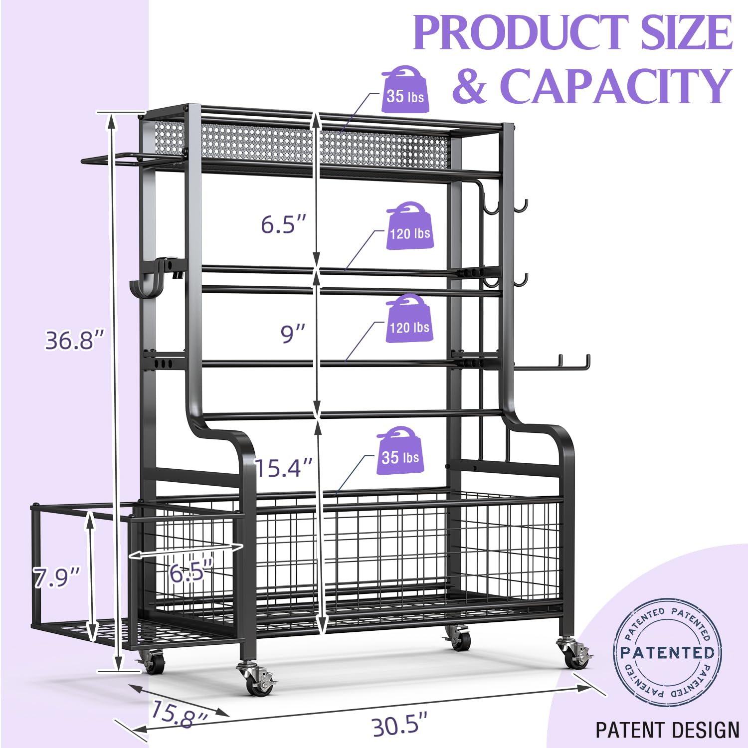 Dumbbell Rack, Weight Rack for Dumbbells, Home Gym Storage Rack for Yoga Mat Kettlebells Balls and Strength Training Equipment, Weight Storage Holder Rack for Dumbbells with Wheels and Hooks