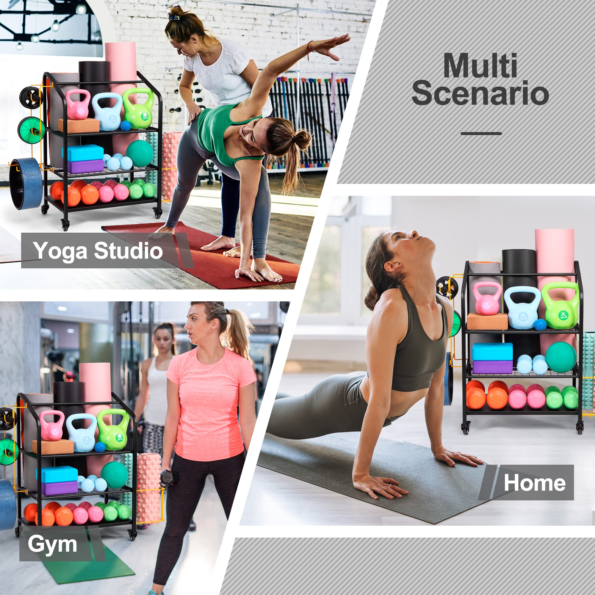 Vimexciter Dumbbell Rack, Training Equipment Storage Cart with Hooks and Wheels for Yoga Brick, Mat, Block, Roller, Dumbbell, Weight, Kettlebell, Resistance Band and More for Home Gym Workout