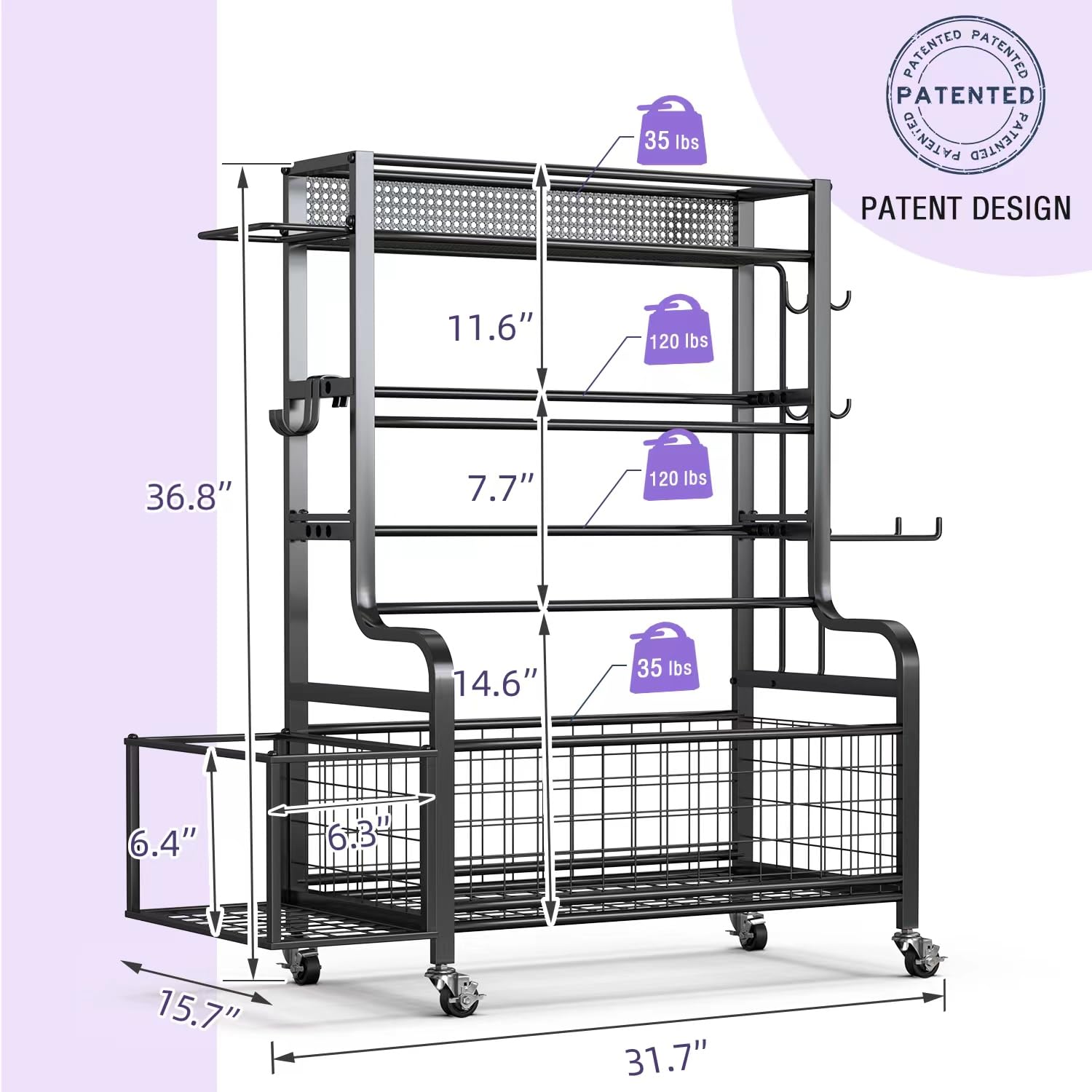 Dumbbell Rack, Weight Rack for Dumbbells, Home Gym Storage Rack for Yoga Mat Kettlebells Balls and Strength Training Equipment, Weight Storage Holder Rack for Dumbbells with Wheels and Hooks