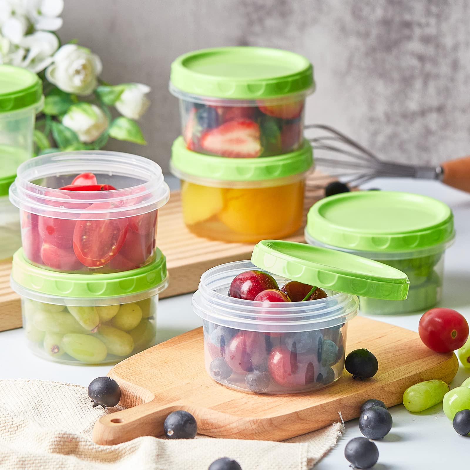 Zezzxu 12 Pack 8 oz Small Plastic Containers with Screw on Lids, Reusable Deli Containers Stackable Food Storage Jars, Microwave & Freezer Safe (Green)