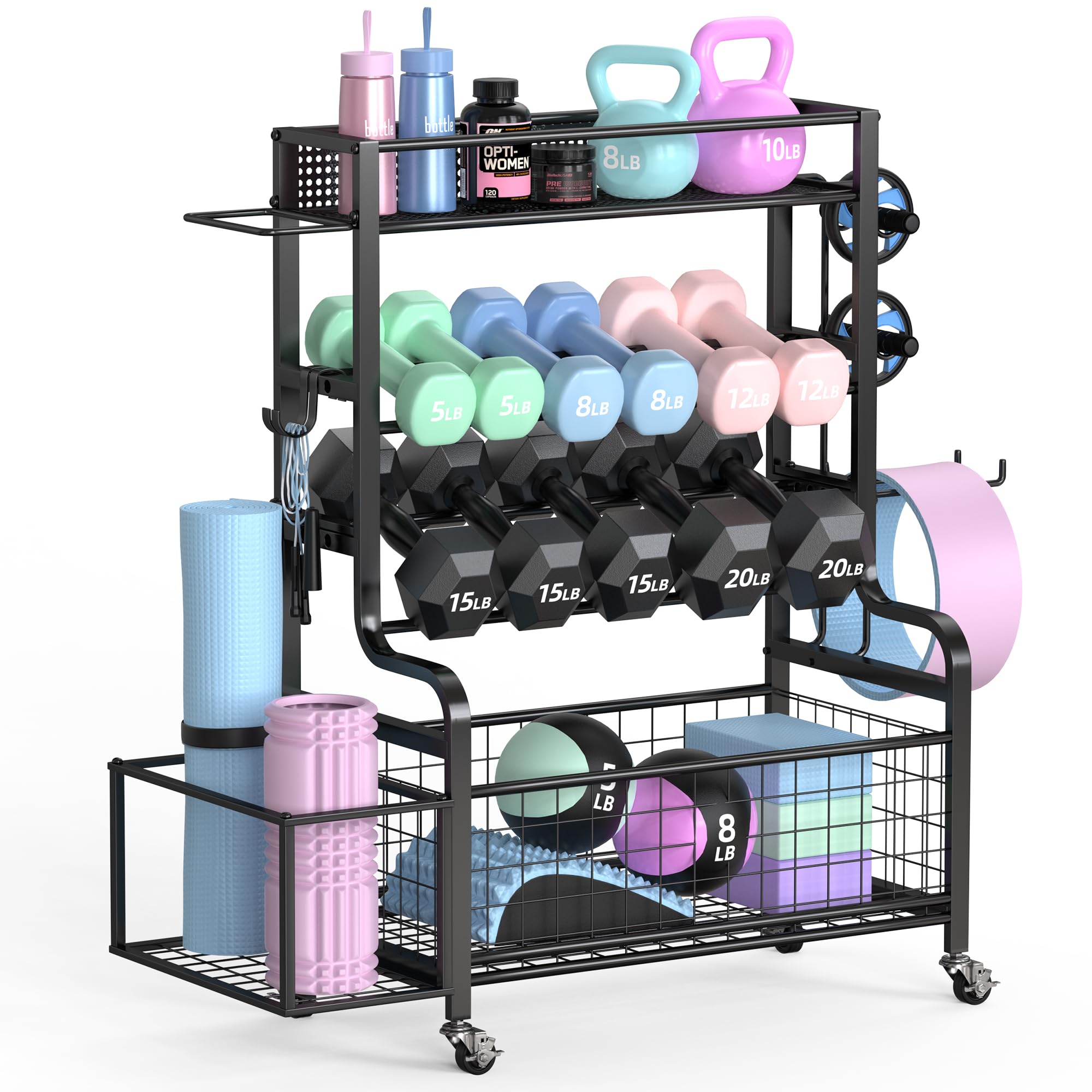 Dumbbell Rack, Weight Rack for Dumbbells, Home Gym Storage Rack for Yoga Mat Kettlebells Balls and Strength Training Equipment, Weight Storage Holder Rack for Dumbbells with Wheels and Hooks
