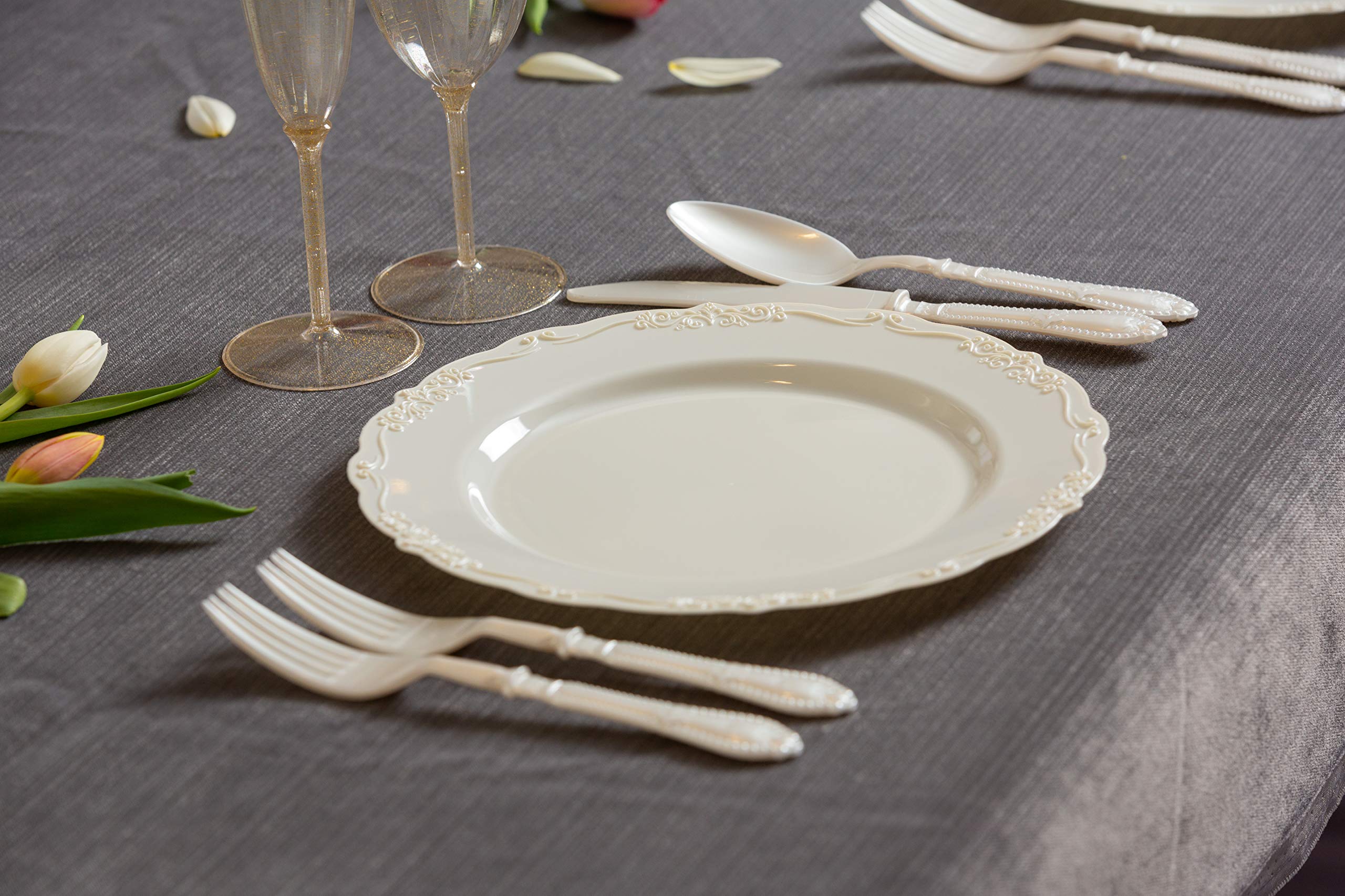 Posh Setting Disposable Plastic Plates Set - Heavy Duty Vintage Plastic Plates - Ivory Vintage Disposable Dinnerware Sets with 30 Appetizer Plates & 30 Plastic Dinner Plates for Wedding (60 Pack)