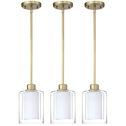 Dolaimi House 3 Pack 1 Light Indoor Hanging Kitchen Island Pendant Light 5" Clear Frosted Glass Chandelier Shade Fixture,Brushed Bronze Finish for Bar,Dining Room Over Sink