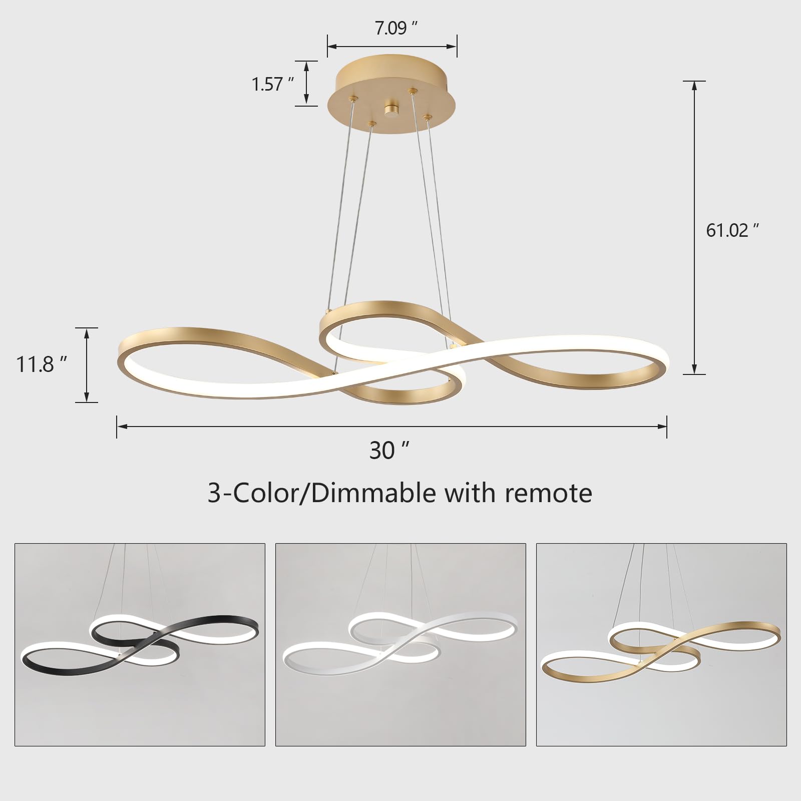Q&S Modern LED Chandelier Gold Contemporary Light Fixtures Pendant Light Hanging Light for Dining Room Kitchen Island Dimmable Chandeliers with Remote Control 4000K-6000K L30 in
