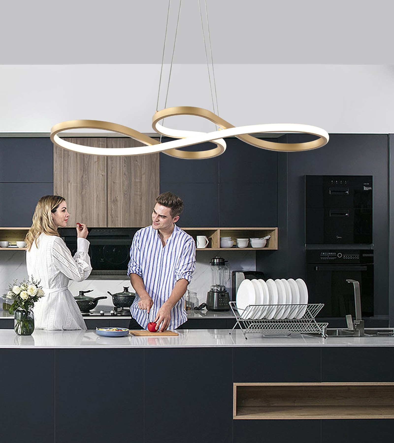 Q&S Modern LED Chandelier Gold Contemporary Light Fixtures Pendant Light Hanging Light for Dining Room Kitchen Island Dimmable Chandeliers with Remote Control 4000K-6000K L30 in