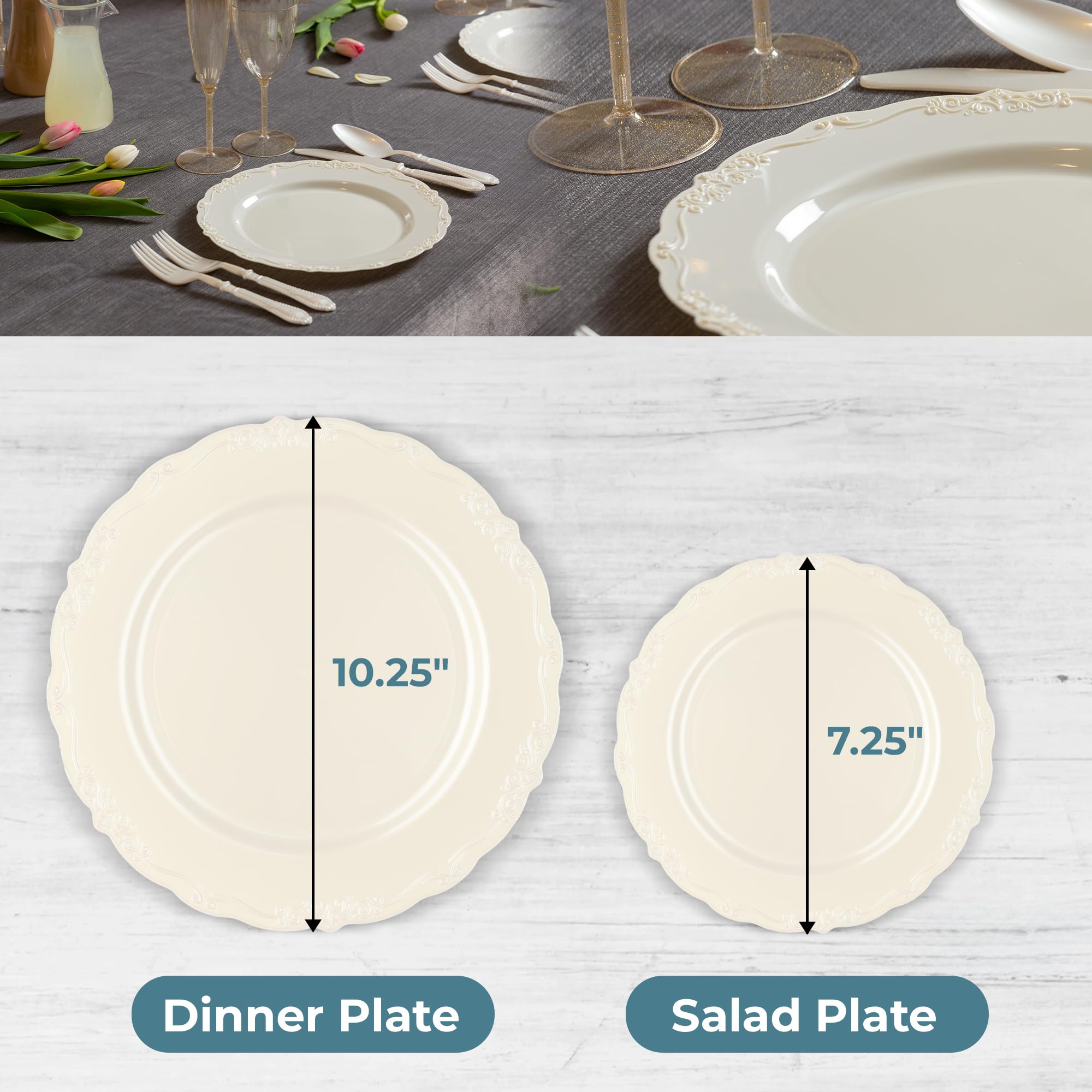 Posh Setting Disposable Plastic Plates Set - Heavy Duty Vintage Plastic Plates - Ivory Vintage Disposable Dinnerware Sets with 30 Appetizer Plates & 30 Plastic Dinner Plates for Wedding (60 Pack)
