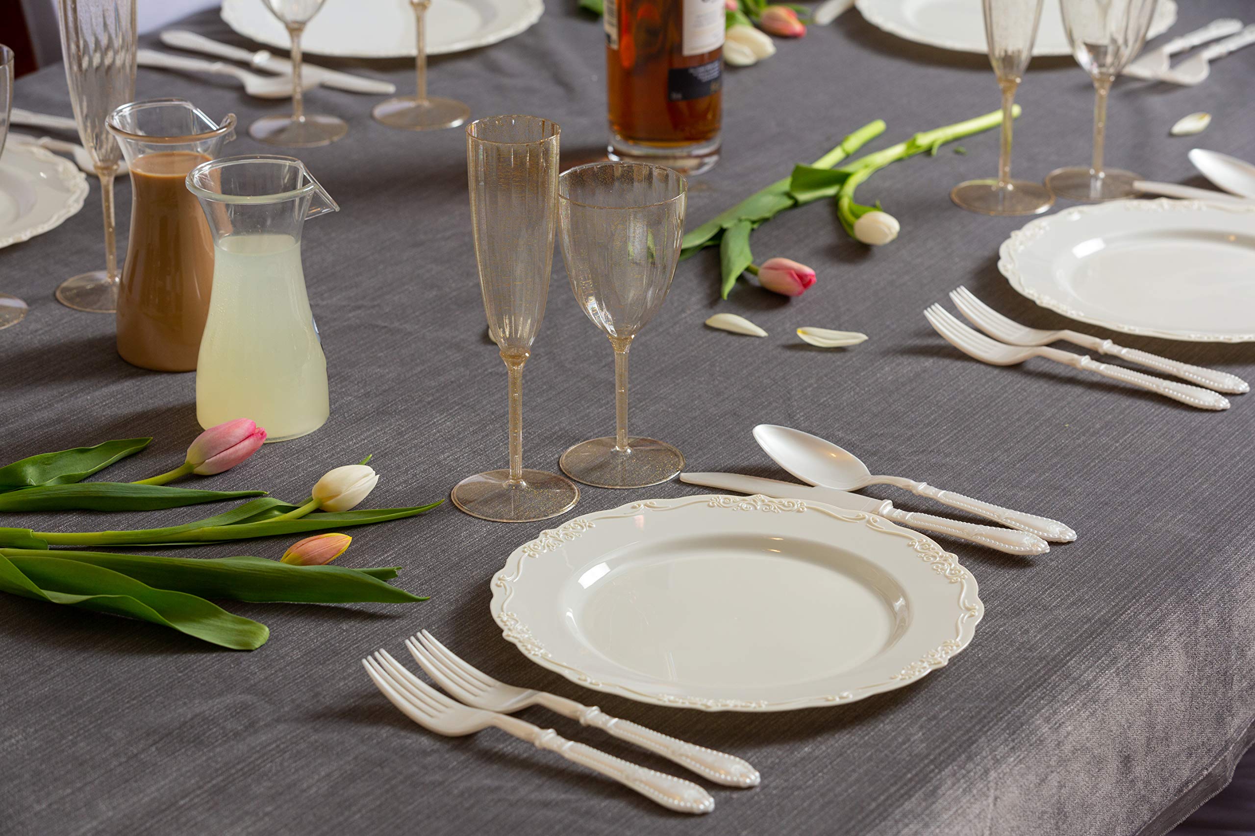 Posh Setting Disposable Plastic Plates Set - Heavy Duty Vintage Plastic Plates - Ivory Vintage Disposable Dinnerware Sets with 30 Appetizer Plates & 30 Plastic Dinner Plates for Wedding (60 Pack)