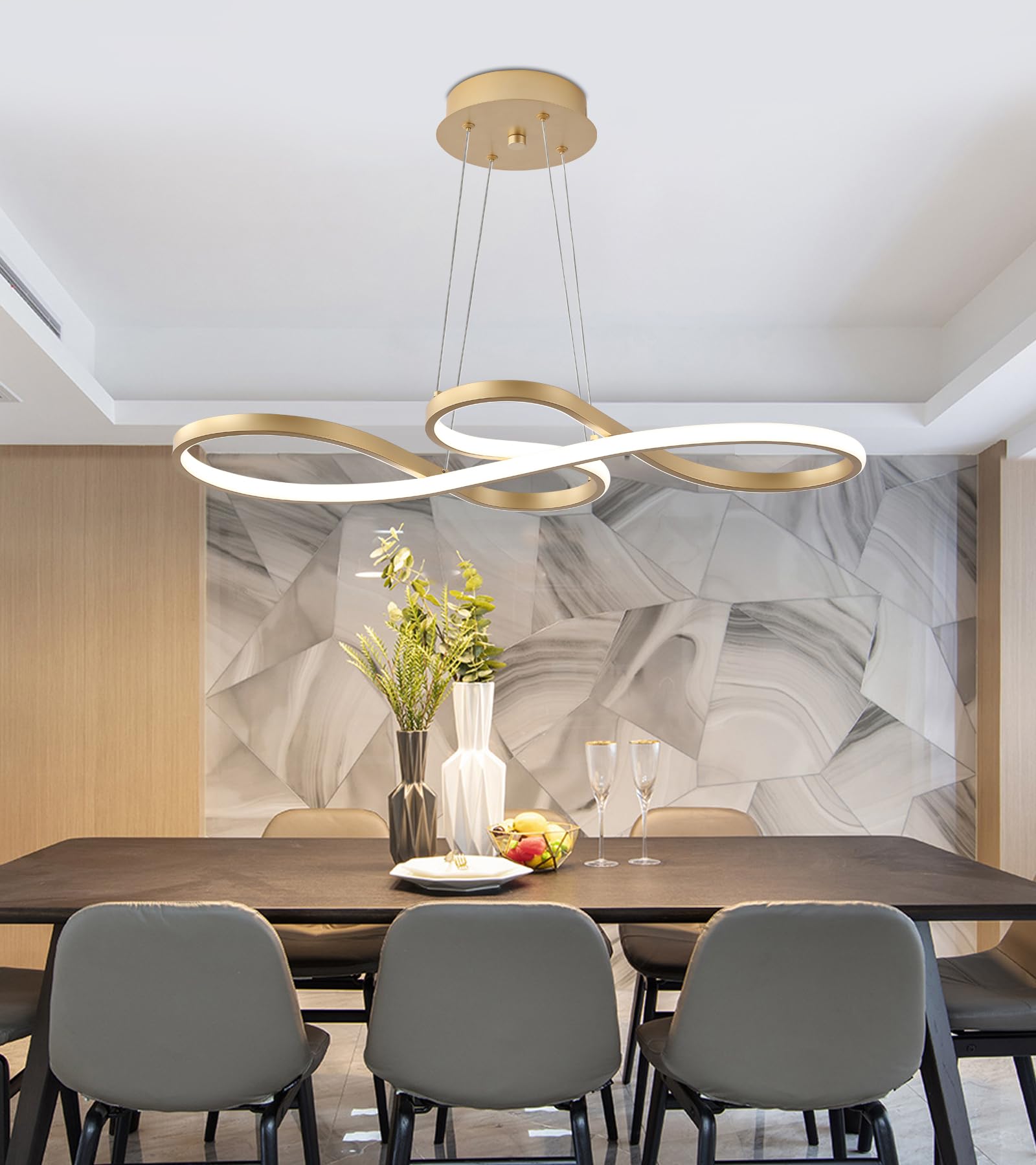 Q&S Modern LED Chandelier Gold Contemporary Light Fixtures Pendant Light Hanging Light for Dining Room Kitchen Island Dimmable Chandeliers with Remote Control 4000K-6000K L30 in