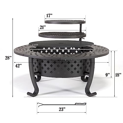 PAPABABE 42 Inch Outdoor Fire Pit with 2 Grill, Wood Burning Firepit for Outside with Lid/Fire Poker, Extra Large Heavy Duty Metal Round Table for Patio Backyard Garden Camping Bonfire