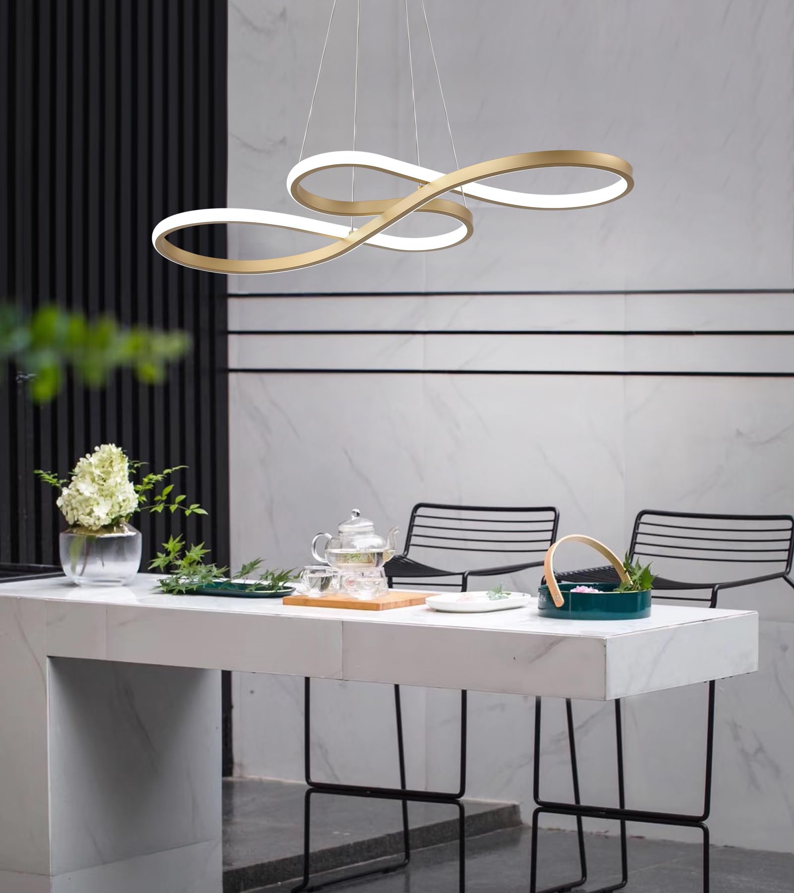 Q&S Modern LED Chandelier Gold Contemporary Light Fixtures Pendant Light Hanging Light for Dining Room Kitchen Island Dimmable Chandeliers with Remote Control 4000K-6000K L30 in