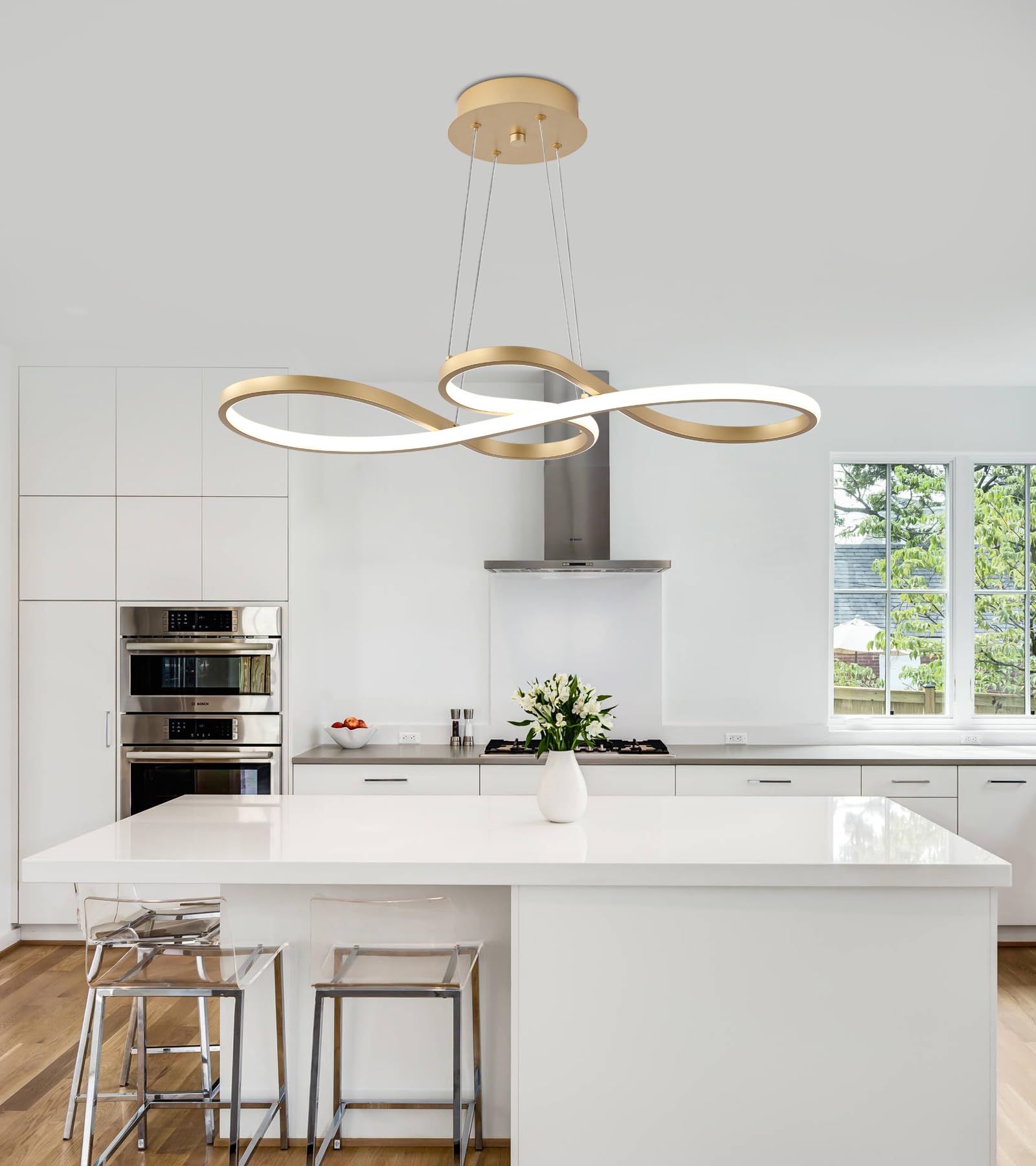 Q&S Modern LED Chandelier Gold Contemporary Light Fixtures Pendant Light Hanging Light for Dining Room Kitchen Island Dimmable Chandeliers with Remote Control 4000K-6000K L30 in
