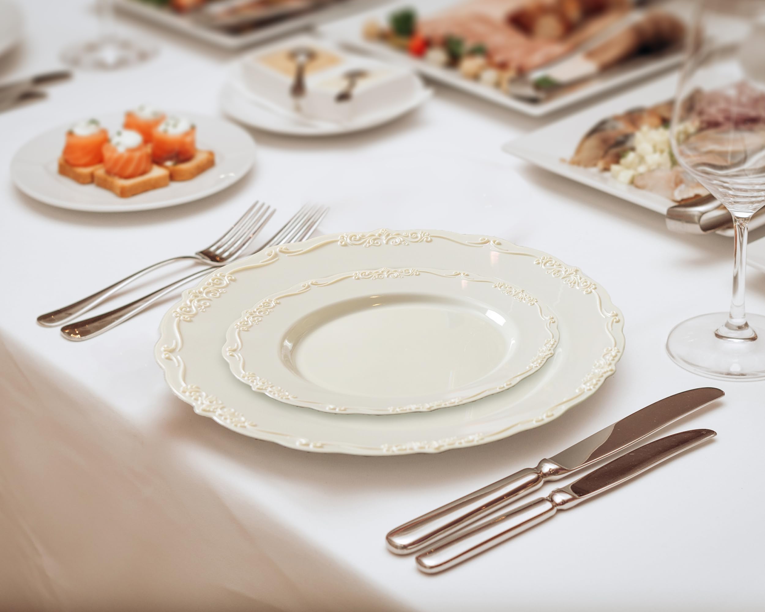 Posh Setting Disposable Plastic Plates Set - Heavy Duty Vintage Plastic Plates - Ivory Vintage Disposable Dinnerware Sets with 30 Appetizer Plates & 30 Plastic Dinner Plates for Wedding (60 Pack)