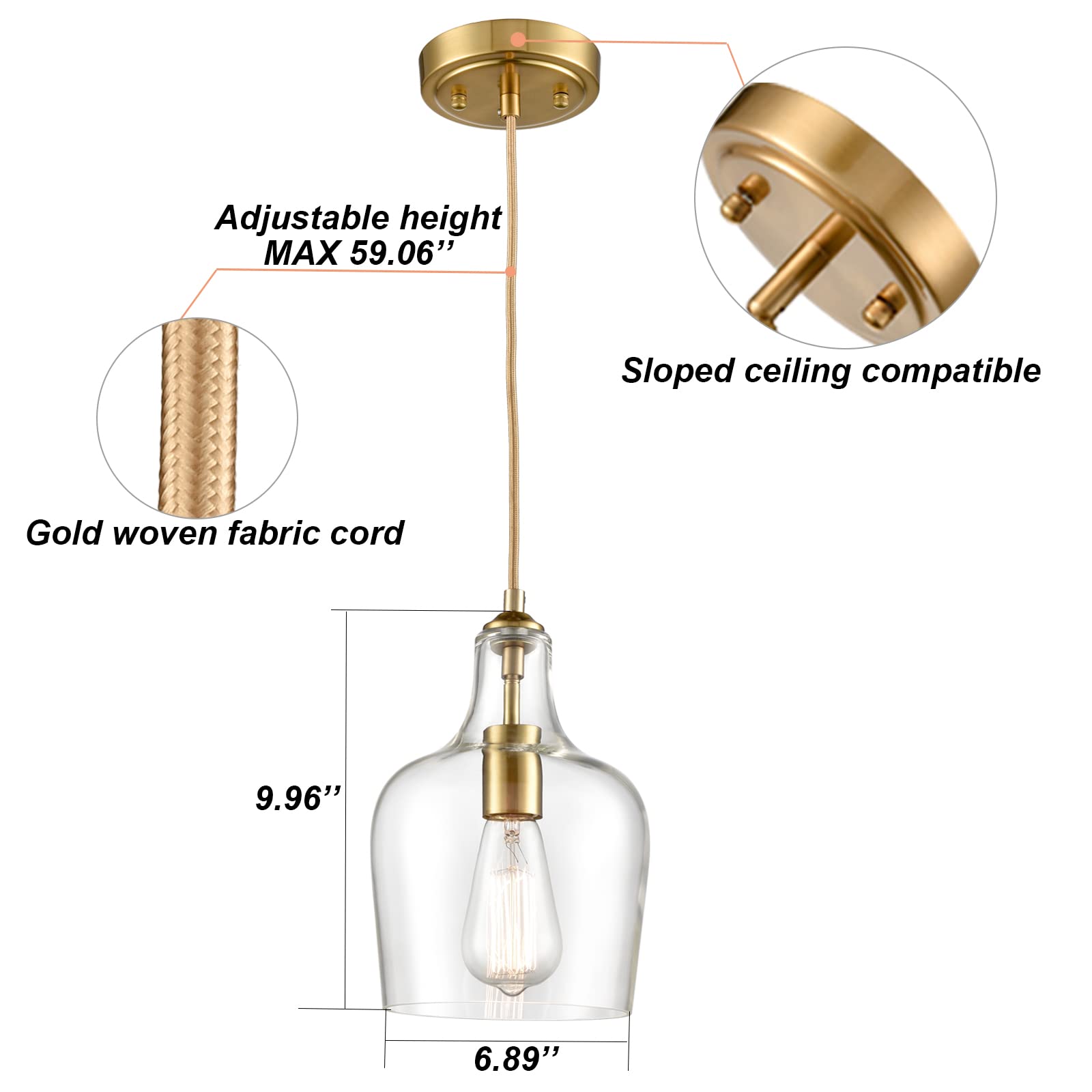 HYDELITE Modern Brushed Gold Pendant Light Fixtures Clear Glass Adjustable Cord Hanging Light for Living Room Kitchen Island Chandelier with Bell Shape