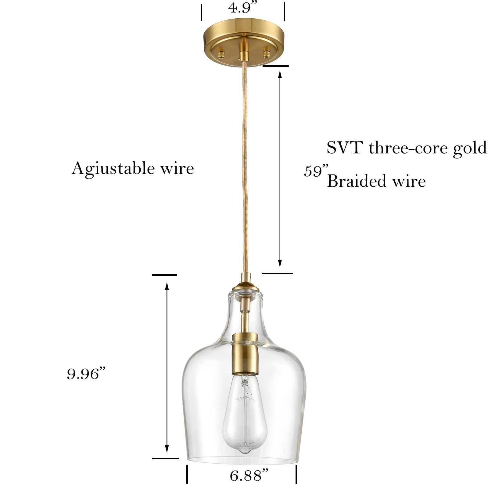 HYDELITE Modern Brushed Gold Pendant Light Fixtures Clear Glass Adjustable Cord Hanging Light for Living Room Kitchen Island Chandelier with Bell Shape