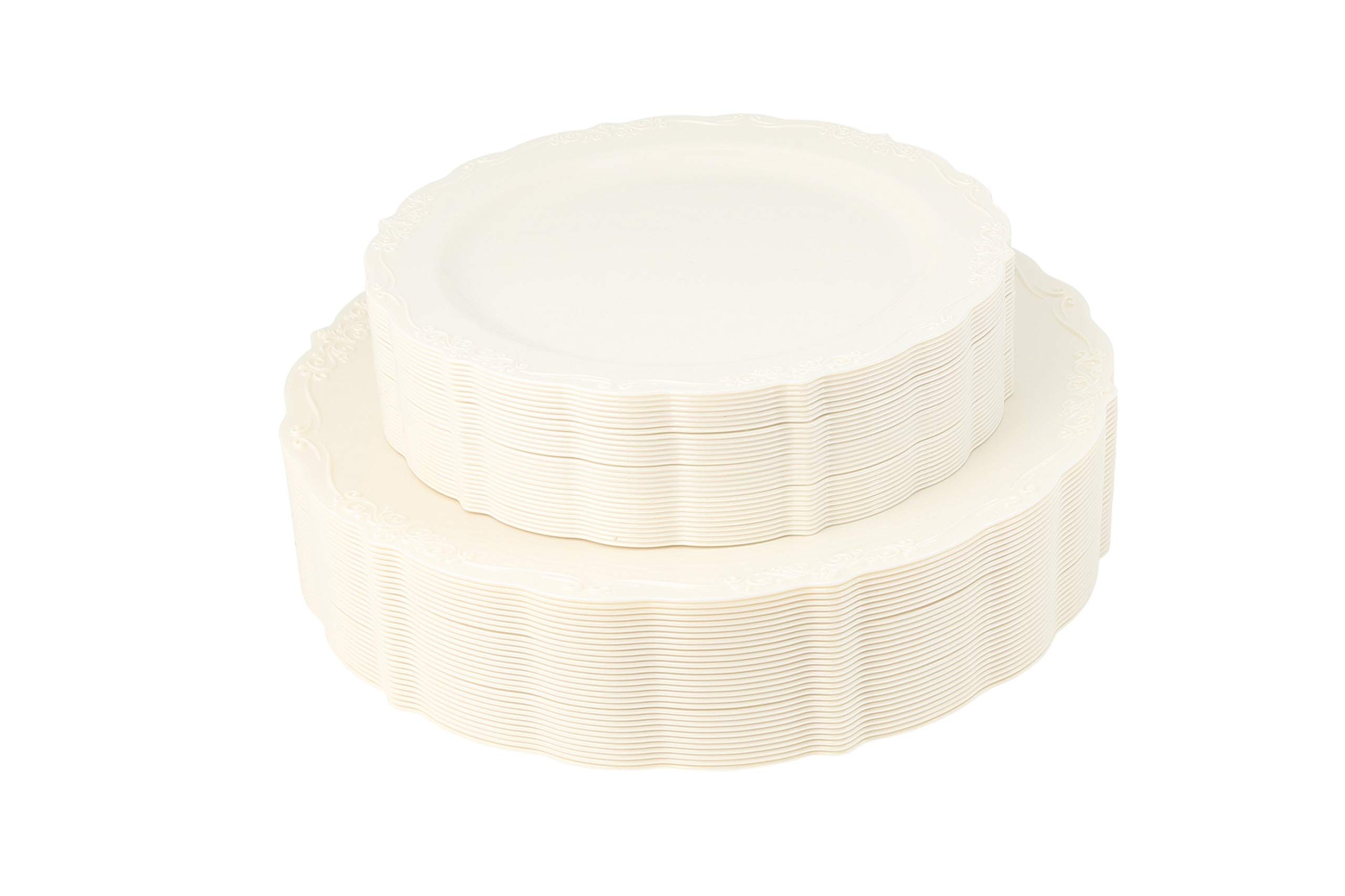 Posh Setting Disposable Plastic Plates Set - Heavy Duty Vintage Plastic Plates - Ivory Vintage Disposable Dinnerware Sets with 30 Appetizer Plates & 30 Plastic Dinner Plates for Wedding (60 Pack)