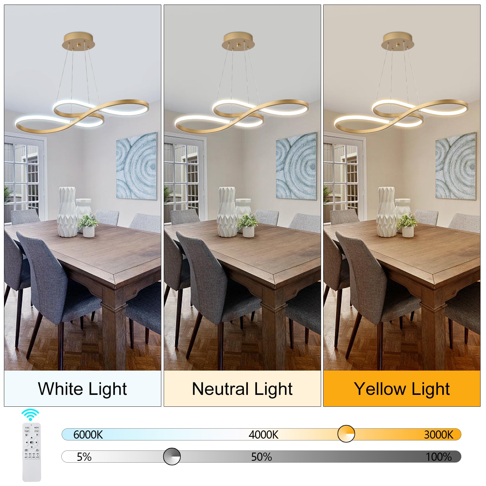 Q&S Modern LED Chandelier Gold Contemporary Light Fixtures Pendant Light Hanging Light for Dining Room Kitchen Island Dimmable Chandeliers with Remote Control 4000K-6000K L30 in