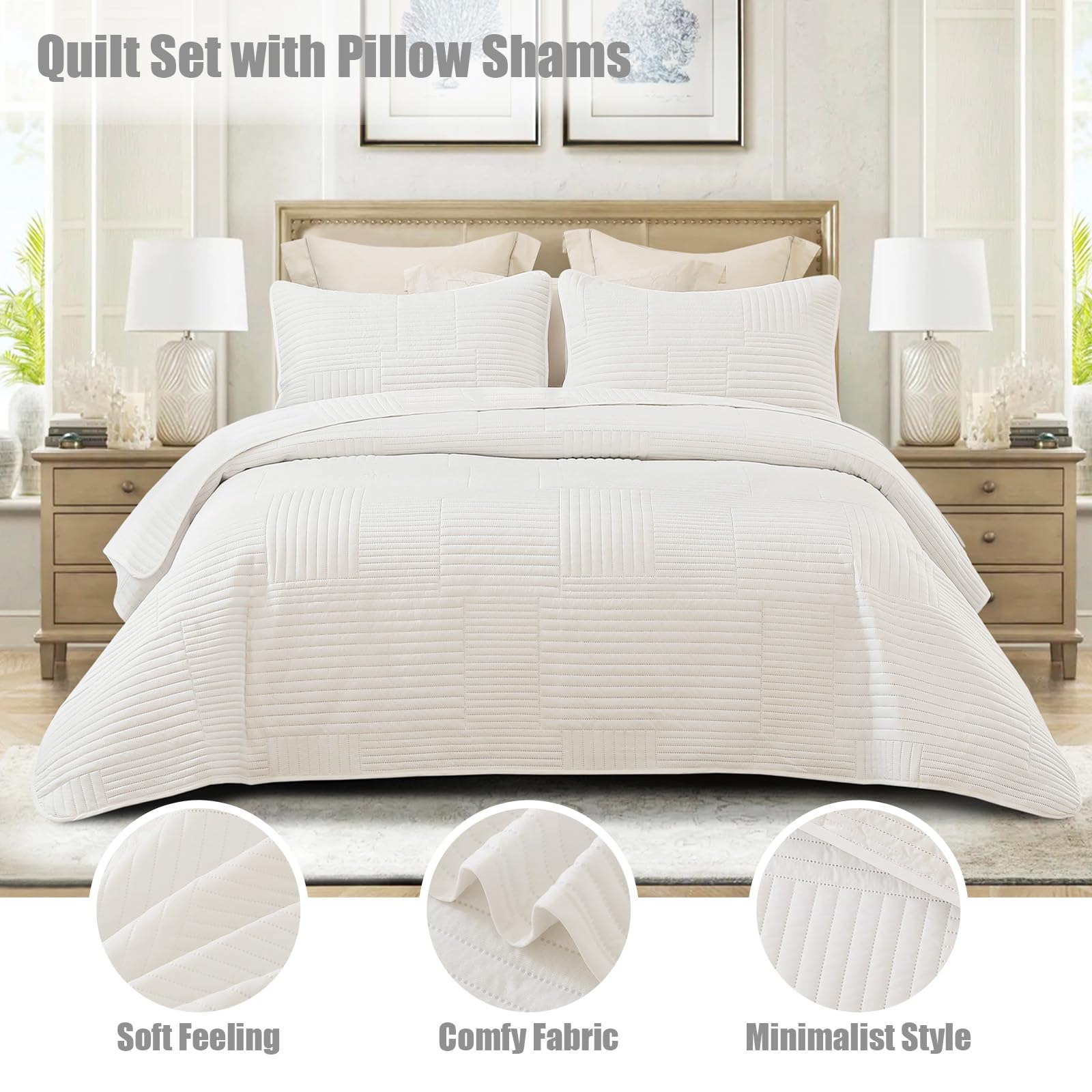 Whale Flotilla Ultra Soft Queen Quilt Bedding Set, Lightweight Microfiber White Quilts Bedspreads Full Size, 3 Piece Ultrasonic Geometric Coverlet Bed Cover for All Seasons