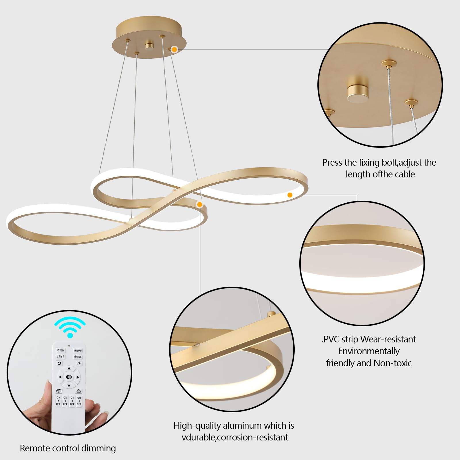 Q&S Modern LED Chandelier Gold Contemporary Light Fixtures Pendant Light Hanging Light for Dining Room Kitchen Island Dimmable Chandeliers with Remote Control 4000K-6000K L30 in