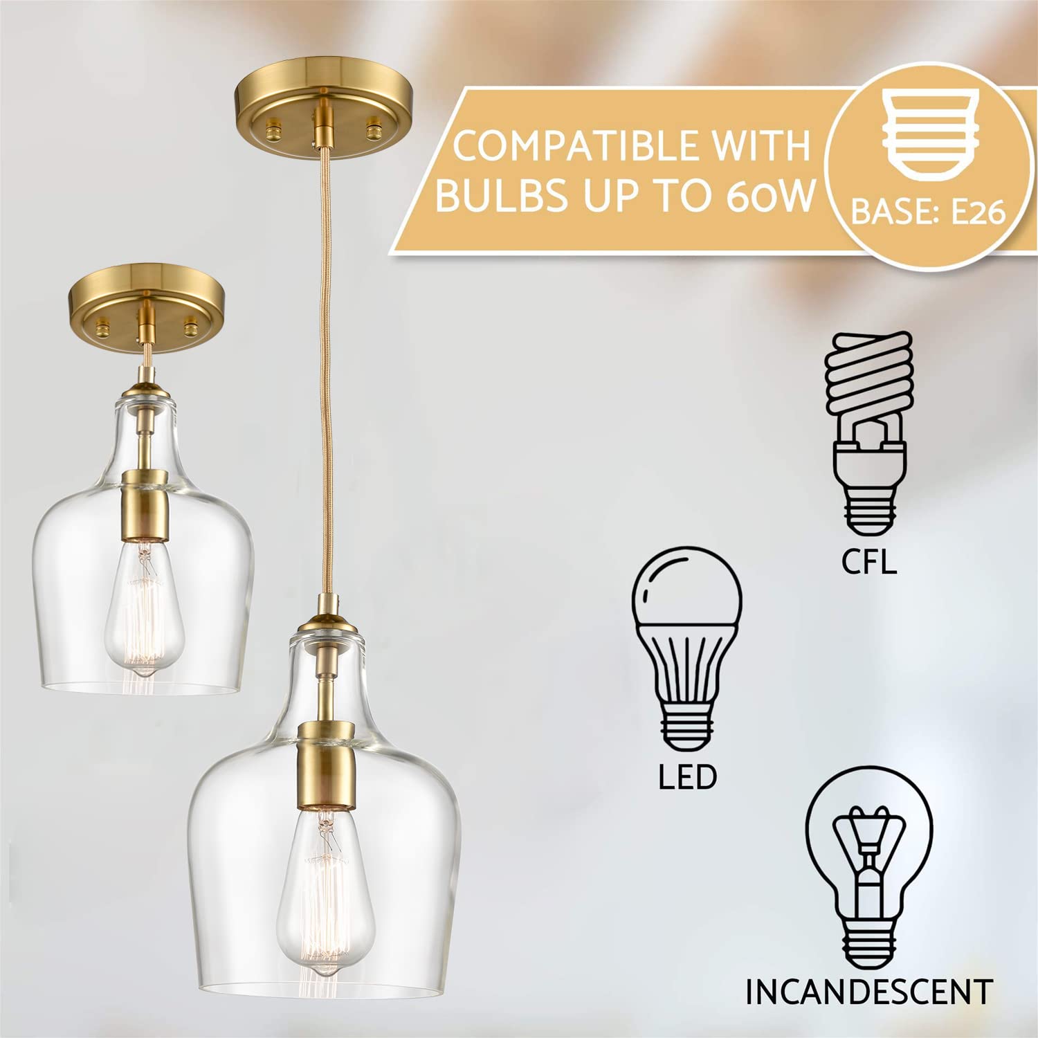 HYDELITE Modern Brushed Gold Pendant Light Fixtures Clear Glass Adjustable Cord Hanging Light for Living Room Kitchen Island Chandelier with Bell Shape