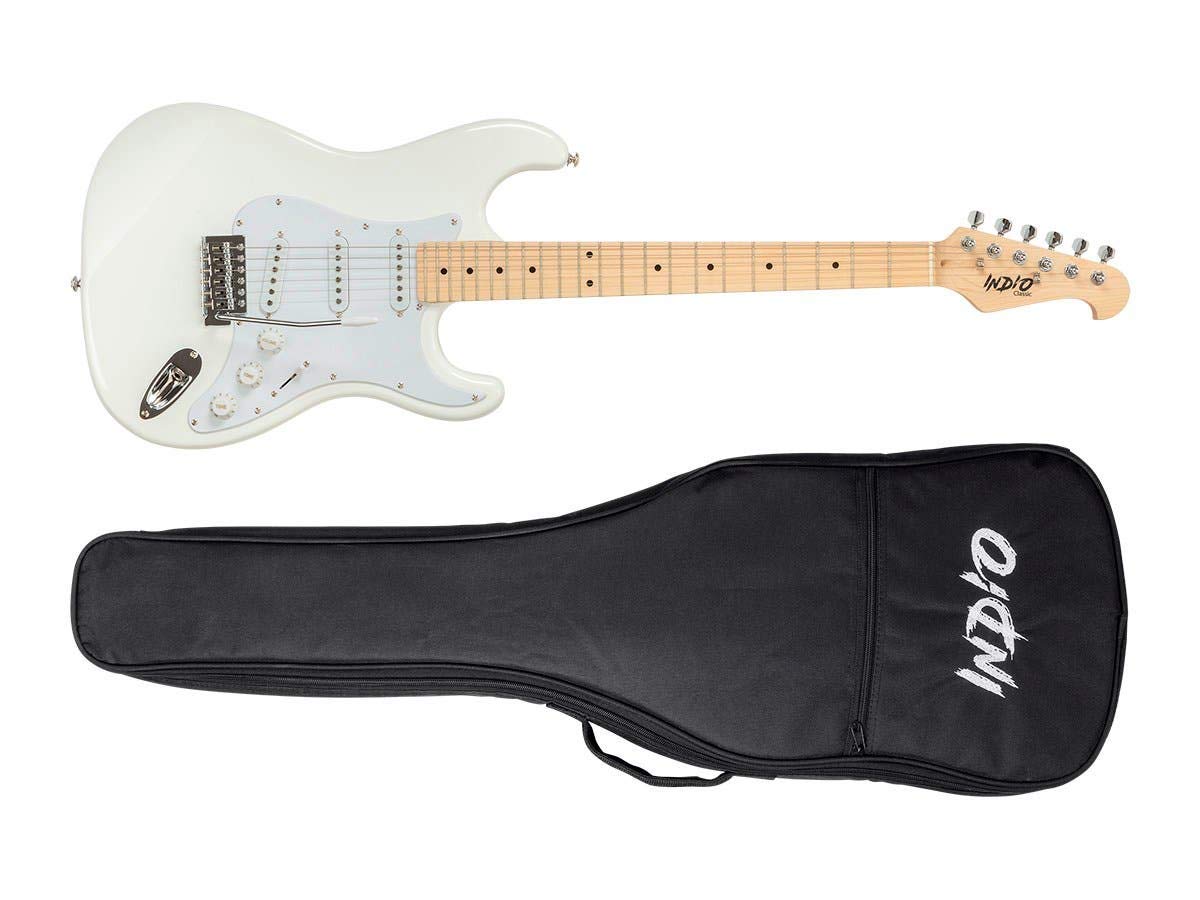 Monoprice Cali Classic Electric Guitar - White, 6 Strings, Double-Cutaway Solid Body, Right Handed, SSS Pickups, Full-Range Tone, With Gig Bag, Perfect for Beginners - Indio Series