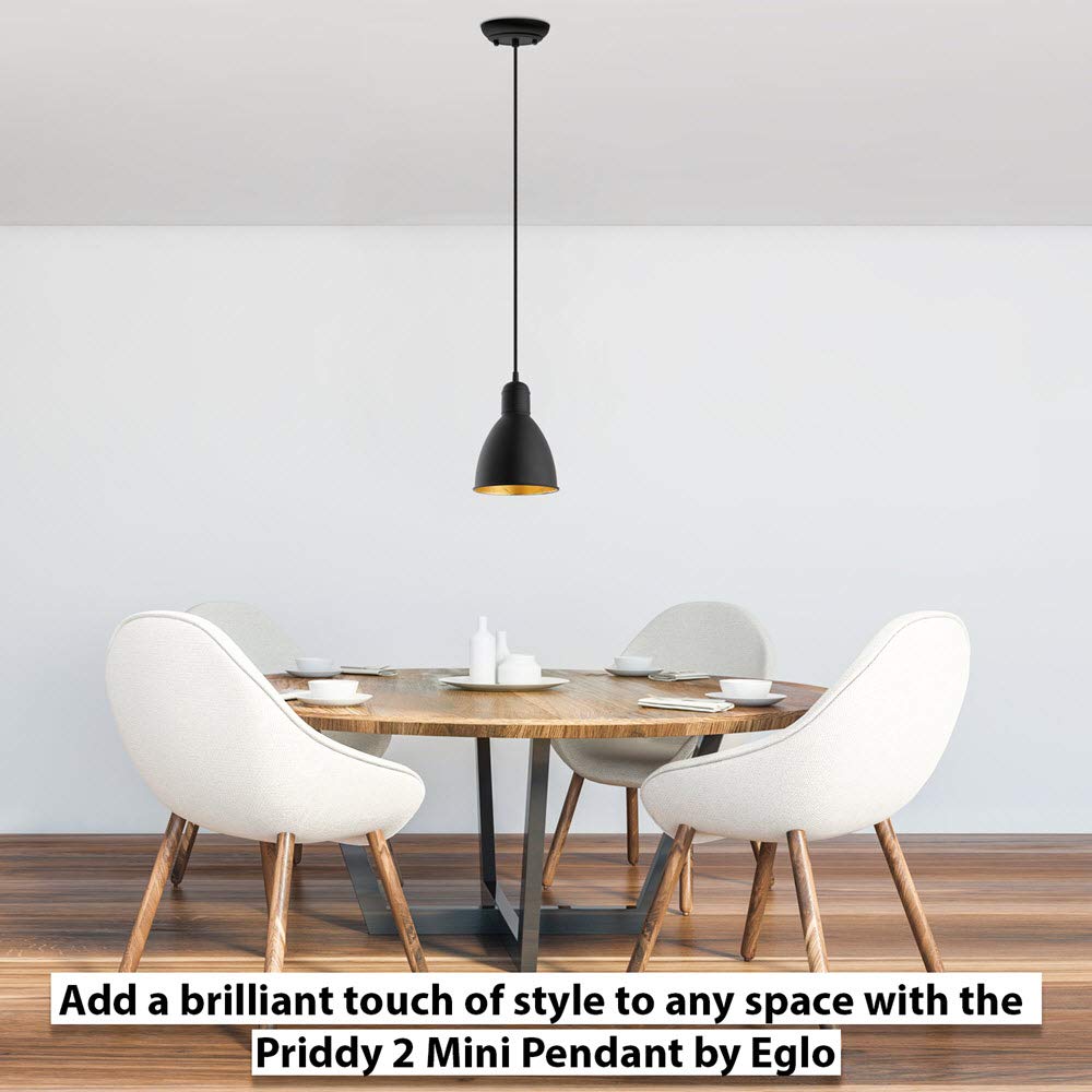 EGLO Priddy 1-Light Mini Pendant Hanging Lighting Fixture with Steel Shade for Kitchen Island, Hallway, and Dining Room, 60W, 82 in, Black and Gold