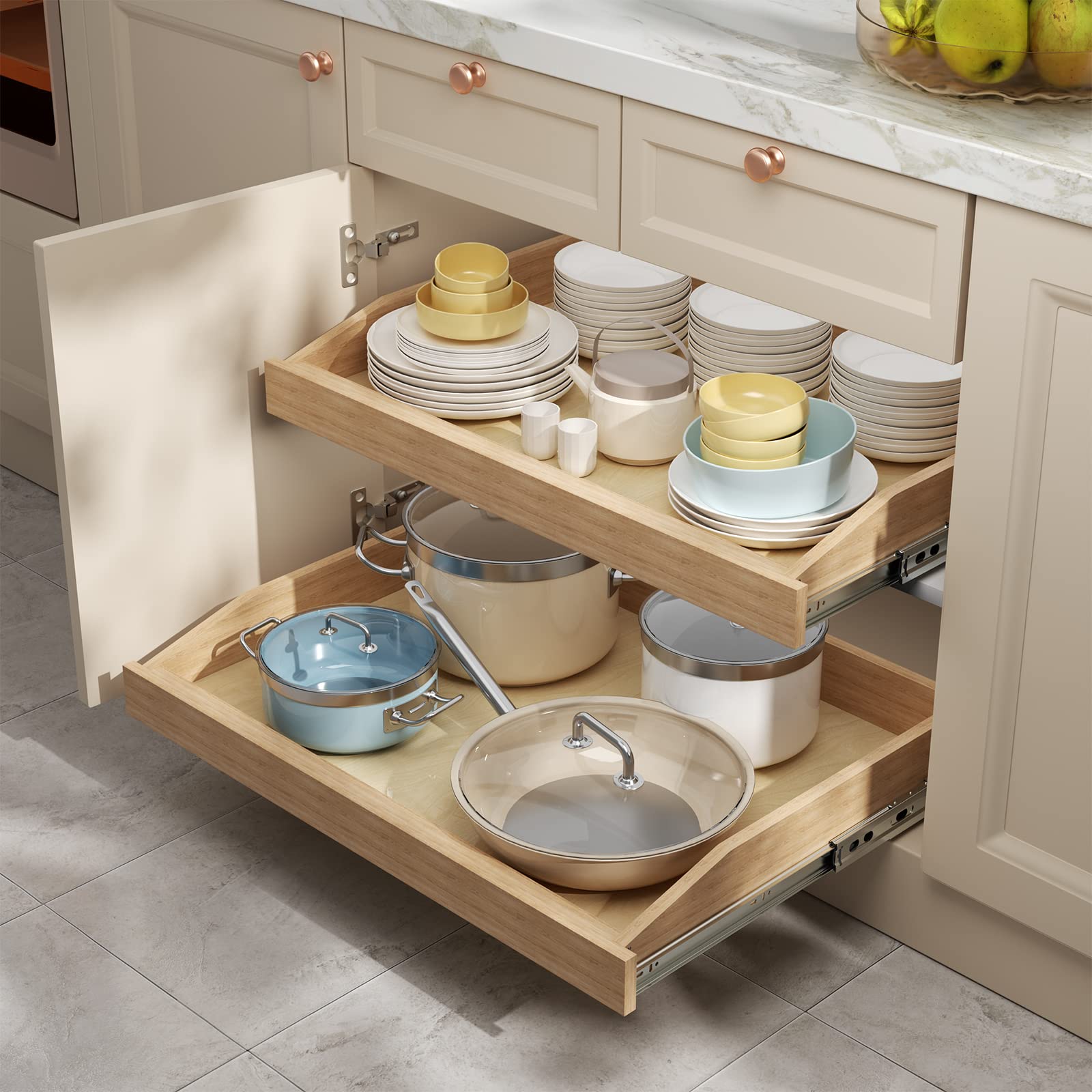 LOVMOR Single Pull Out Cabinet Organizer 28½”W x 21”D, Soft Close Slide Out Drawer Storage Shelves for Kitchen, Wood Cabinet Shelf Pull-Out Organizer Storage for Base Cabinets