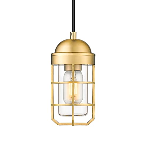 Emliviar Modern Gold Pendant Light with Metal Cage, Mini Ceiling Hanging Light with Clear Tempered Glass for Kitchen Dining Room, Gold Finish, GE255P BG
