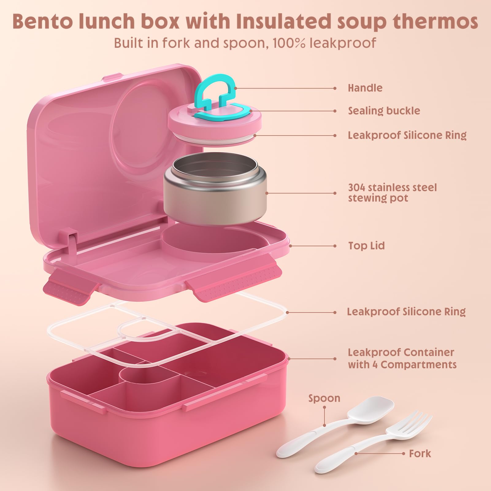 DaCool Lunch Box Kids Bento Box 7.5 Cups with 4-Compartment Leakproof BPA Free Toddler Girls Lunch Containers with Fork Spoon for Meal Snack On-the-Go School Picnic, Microwave Dishwasher Safe, Pink