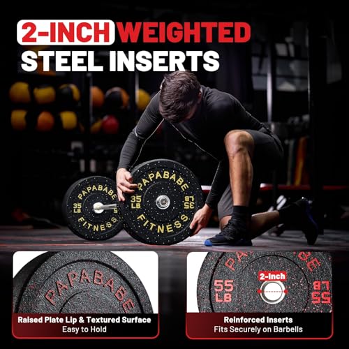 papababe High-Bounce Bumper Plates, Olympic Weight Plates with Colored Fleck-Rubber, Weight Plate for Weightlifting and Strength Training (55 LB, Pair)