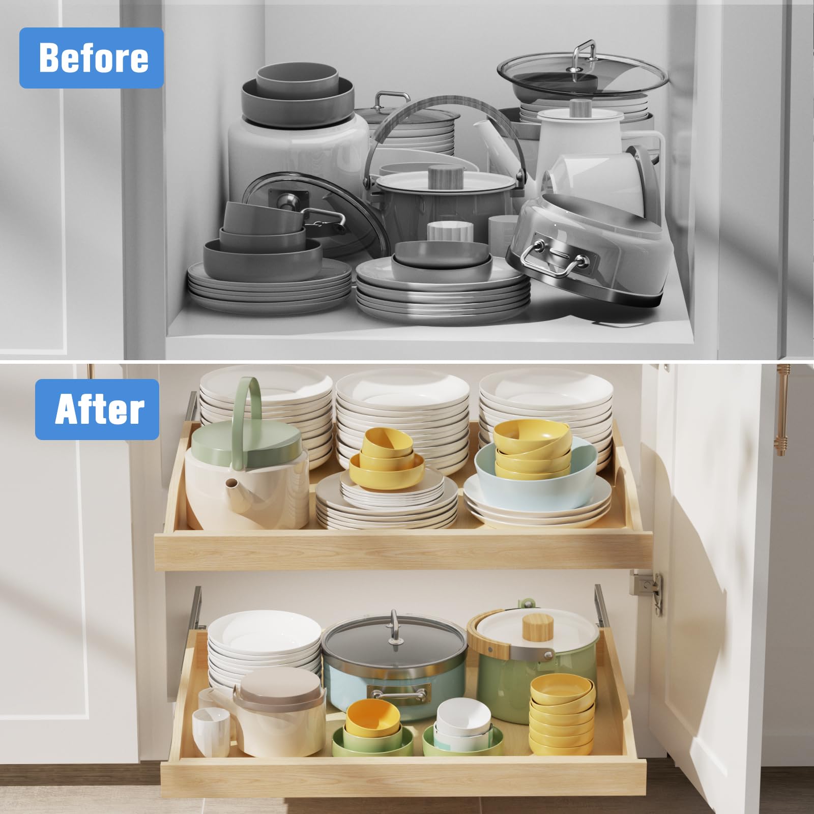 LOVMOR Single Pull Out Cabinet Organizer 28½”W x 21”D, Soft Close Slide Out Drawer Storage Shelves for Kitchen, Wood Cabinet Shelf Pull-Out Organizer Storage for Base Cabinets