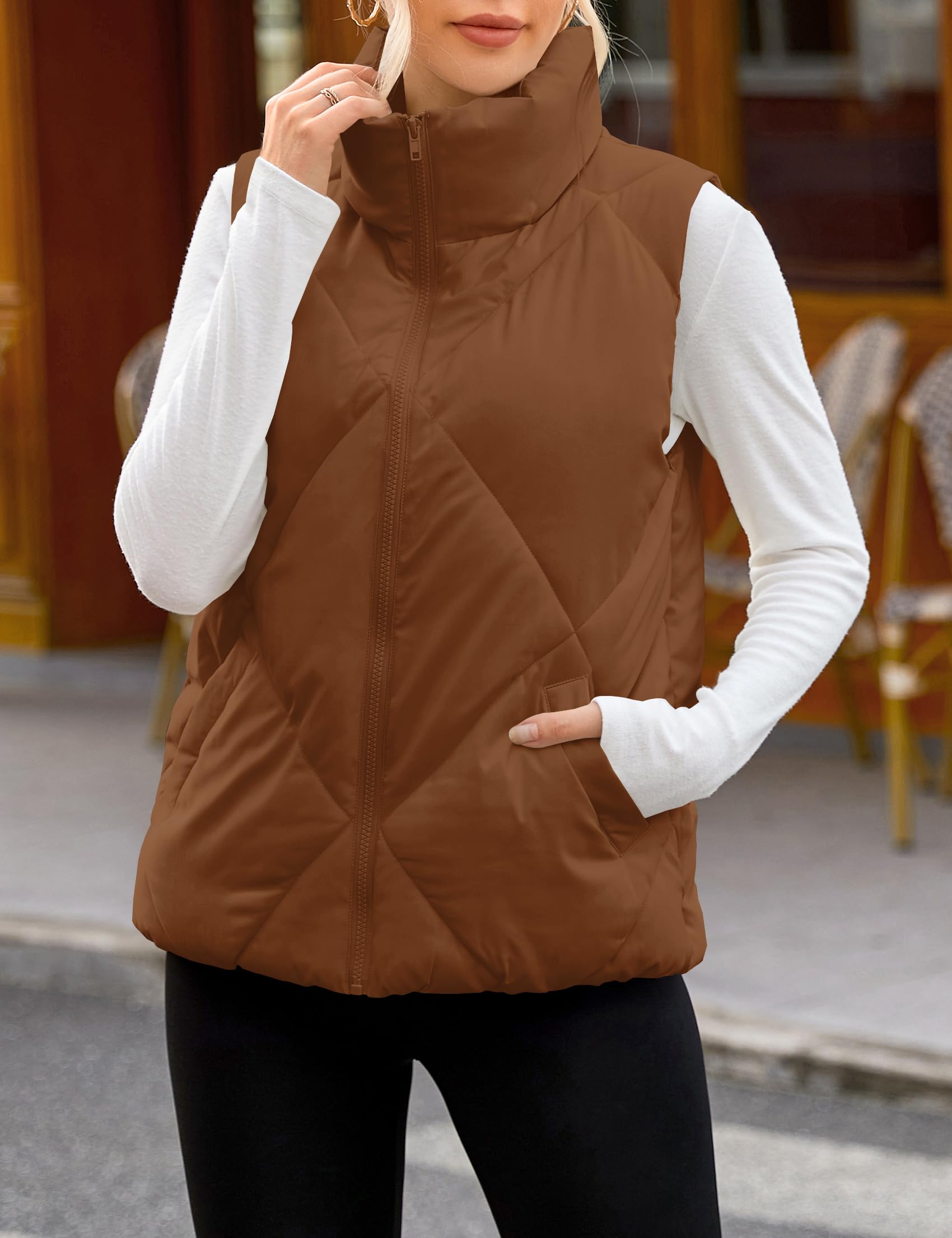 MEROKEETY Womens Puffer Vest Sleeveless Zip Up Quilted Coat Lightweight Stand Collar Gilet Jacket With Pockets Brown Medium