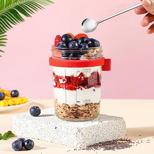 Tekuve Overnight Oats Containers with Lids and Spoon 2 Pack, Glass 16 oz Mason Jars with Airtight Lid for Overnight Oats Meal Prep Chia Yogurt Salad Fruit Pink Green