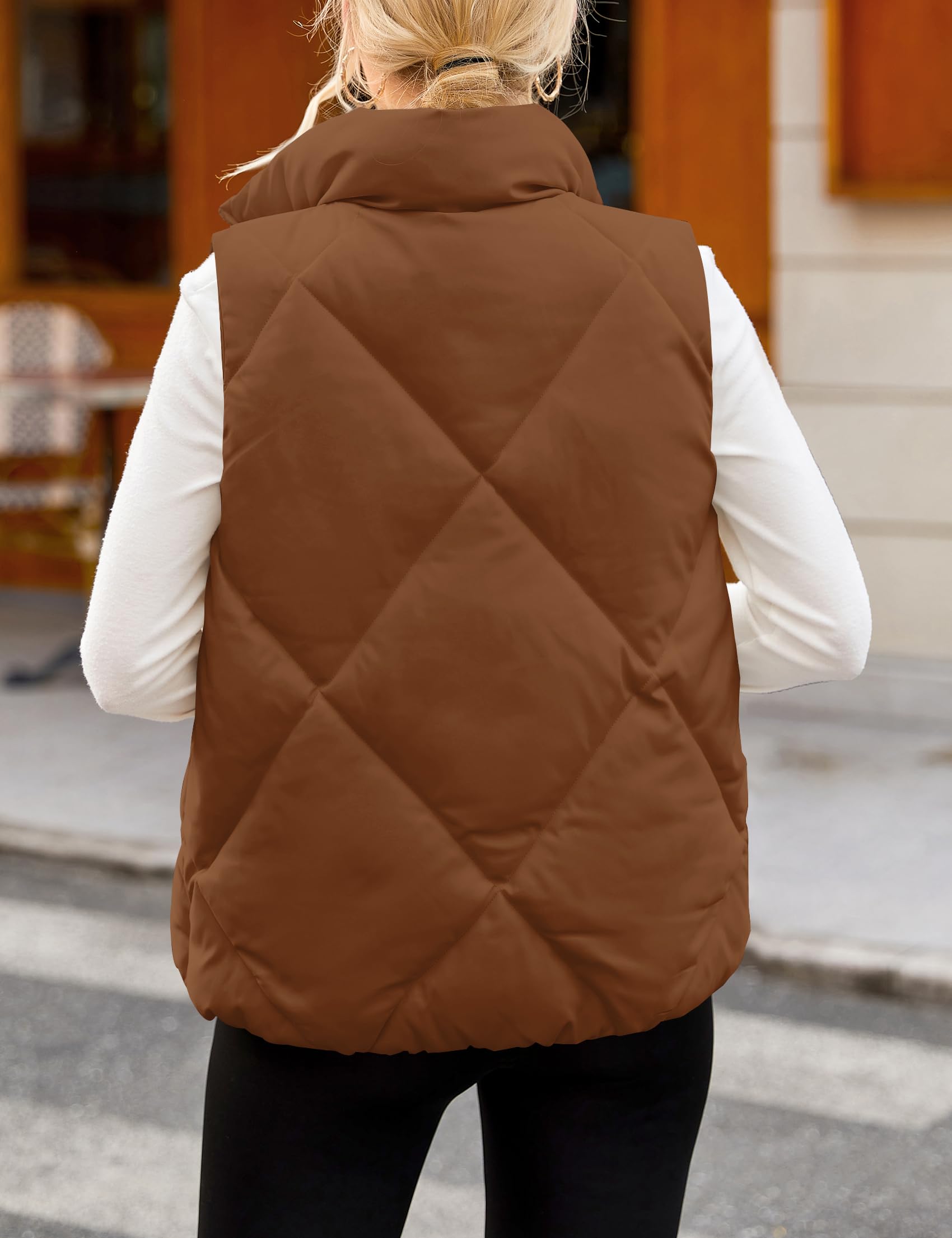 MEROKEETY Womens Puffer Vest Sleeveless Zip Up Quilted Coat Lightweight Stand Collar Gilet Jacket With Pockets Brown Medium