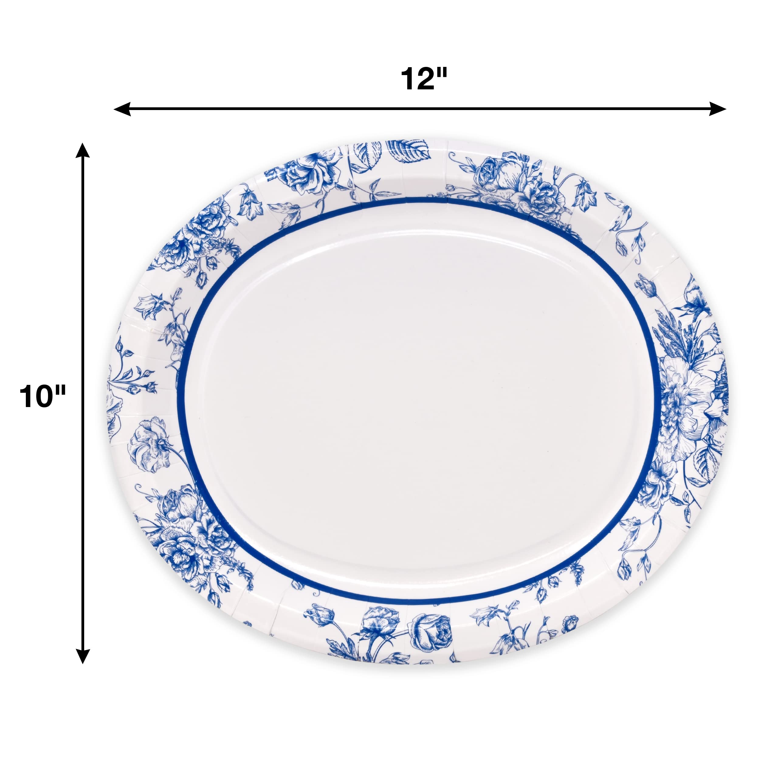 Gift Boutique 50 Blue Floral Oval Paper Plates 10" X 12" Large Disposable Platters Spring Summer Flowers Serving Dish Tray for Birthday Party Supplies