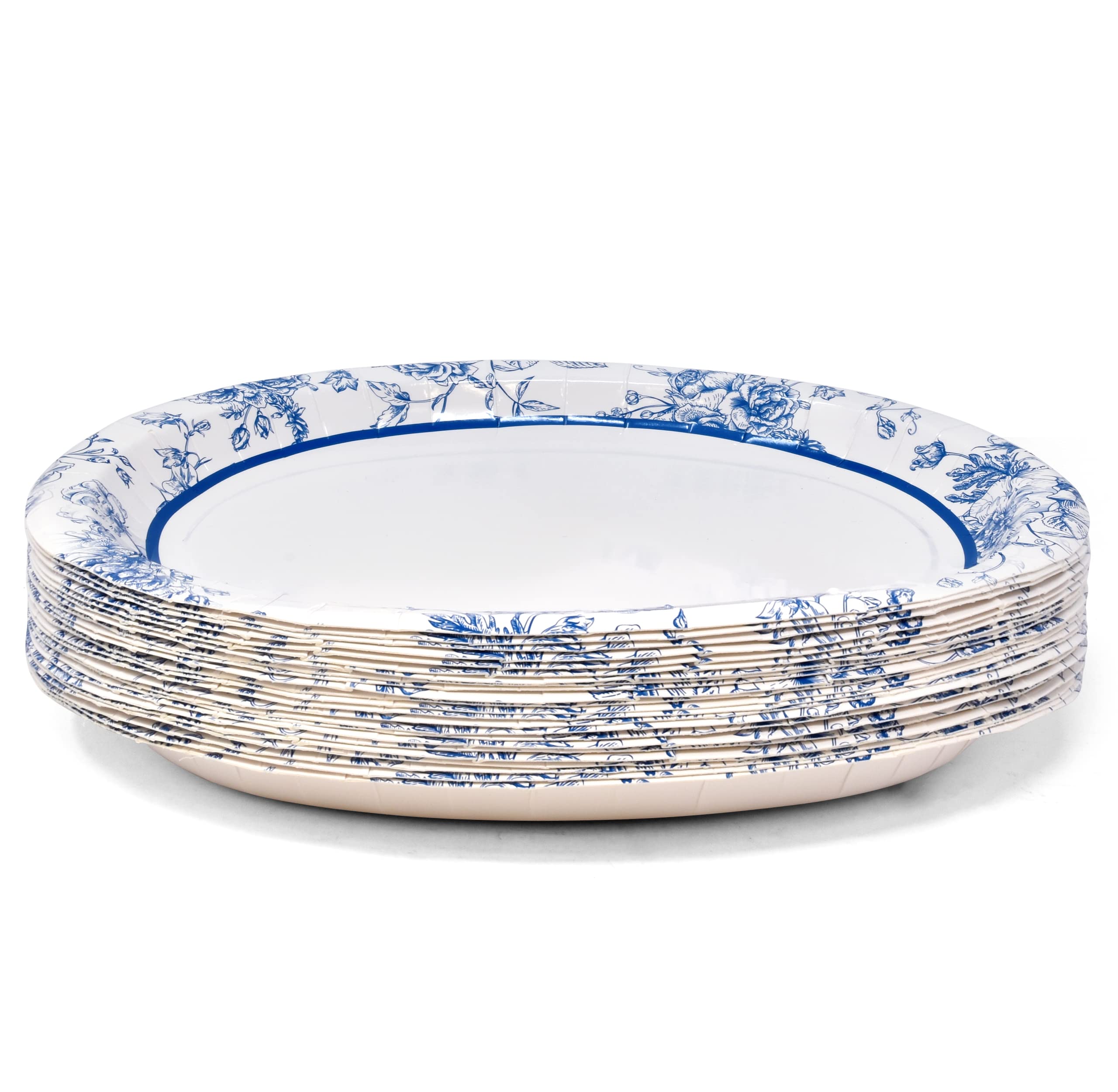 Gift Boutique 50 Blue Floral Oval Paper Plates 10" X 12" Large Disposable Platters Spring Summer Flowers Serving Dish Tray for Birthday Party Supplies