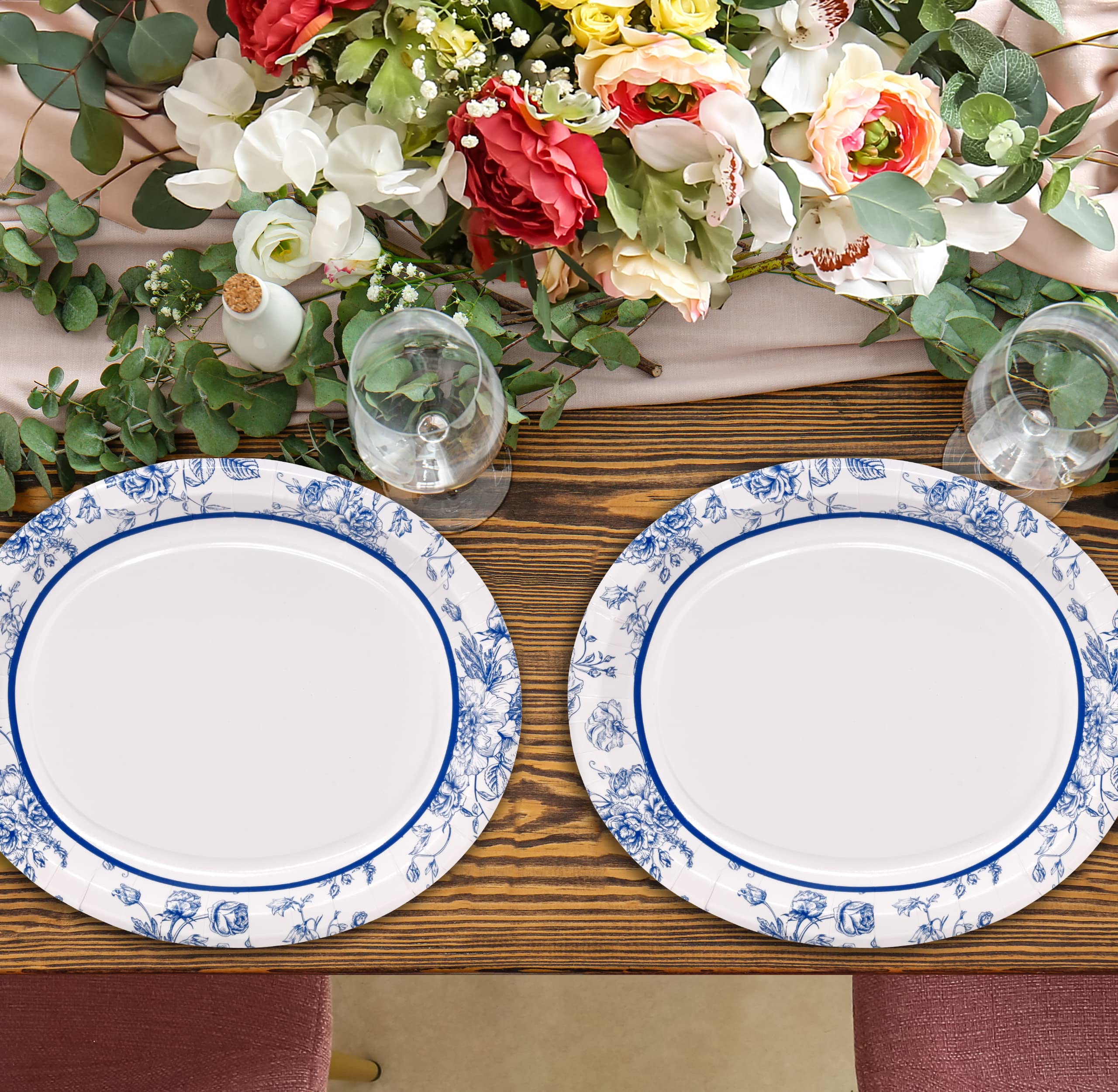 Gift Boutique 50 Blue Floral Oval Paper Plates 10" X 12" Large Disposable Platters Spring Summer Flowers Serving Dish Tray for Birthday Party Supplies