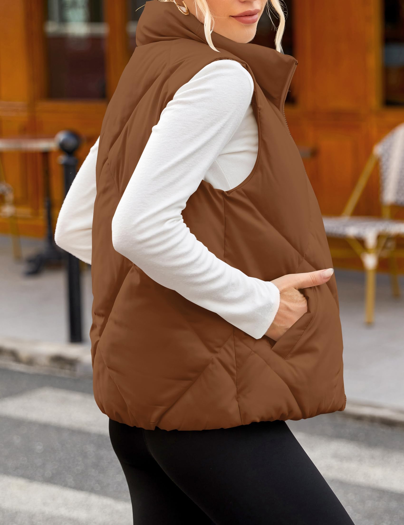 MEROKEETY Womens Puffer Vest Sleeveless Zip Up Quilted Coat Lightweight Stand Collar Gilet Jacket With Pockets Brown Medium