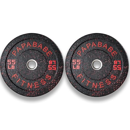 papababe High-Bounce Bumper Plates, Olympic Weight Plates with Colored Fleck-Rubber, Weight Plate for Weightlifting and Strength Training (55 LB, Pair)