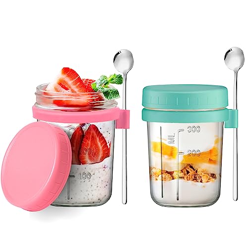 Tekuve Overnight Oats Containers with Lids and Spoon 2 Pack, Glass 16 oz Mason Jars with Airtight Lid for Overnight Oats Meal Prep Chia Yogurt Salad Fruit Pink Green