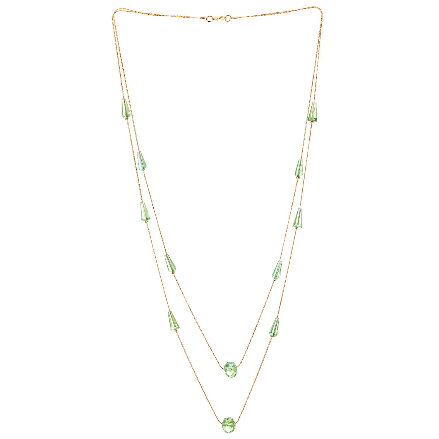 COOLSTEELANDBEYOND Gold Statement Necklace Two-Strand Long Chains with light Green Cone Crystal Beads Charms Pendant