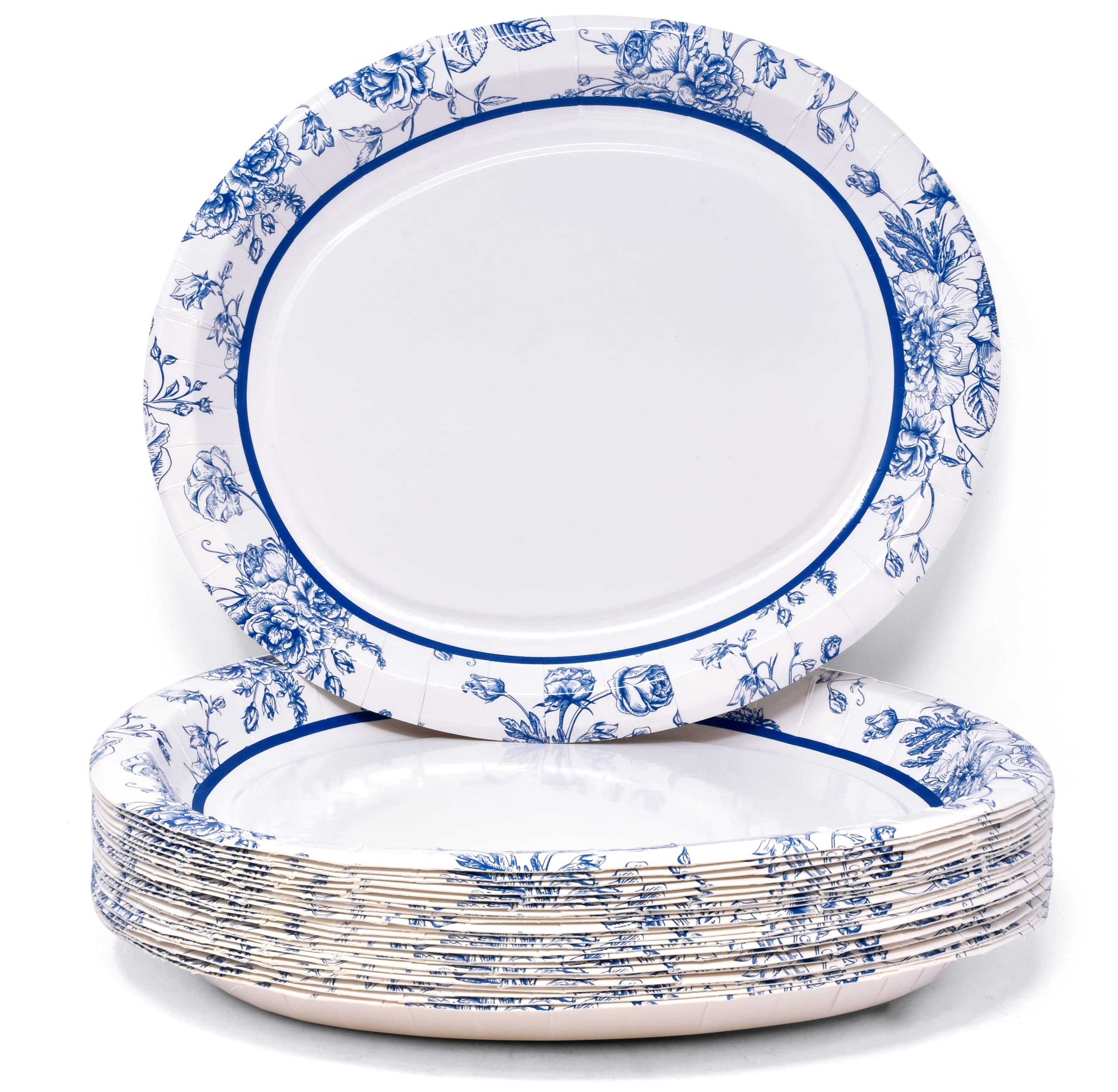 Gift Boutique 50 Blue Floral Oval Paper Plates 10" X 12" Large Disposable Platters Spring Summer Flowers Serving Dish Tray for Birthday Party Supplies