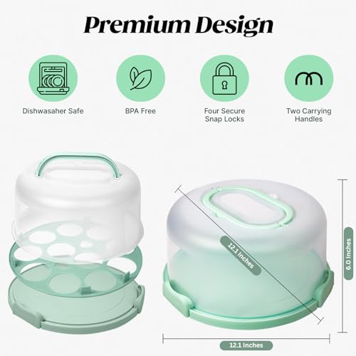 Plastihut Cake Carrier With Lid and Handle – All In 1 Multipurpose Cake Storage Container Fits 10" Cake, 11 Cupcakes & A Cake Plate Serves as 5 Section Serving Tray for Snacks & Fruit - Mint
