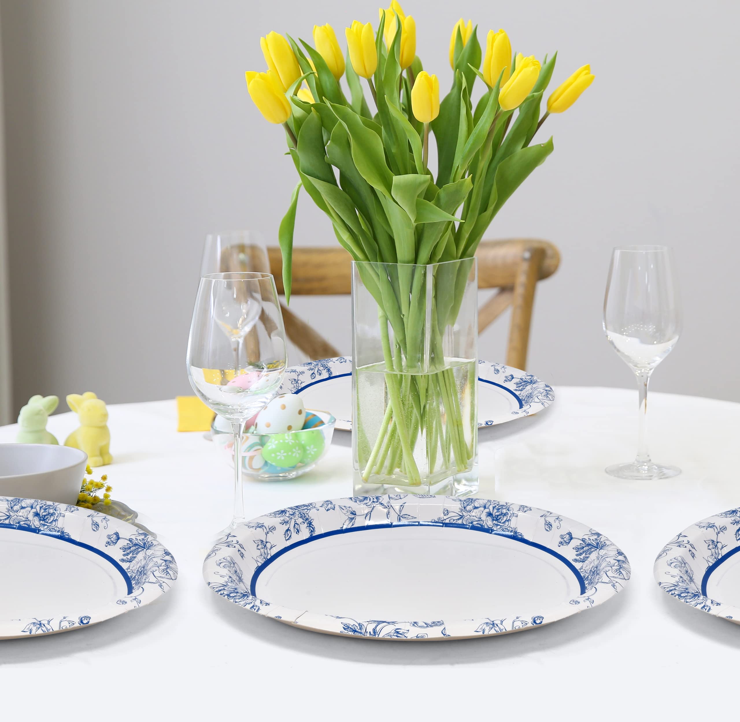 Gift Boutique 50 Blue Floral Oval Paper Plates 10" X 12" Large Disposable Platters Spring Summer Flowers Serving Dish Tray for Birthday Party Supplies