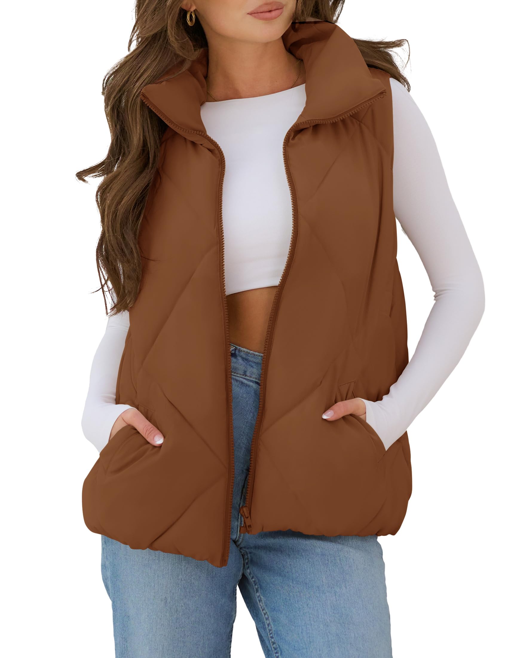MEROKEETY Womens Puffer Vest Sleeveless Zip Up Quilted Coat Lightweight Stand Collar Gilet Jacket With Pockets Brown Medium