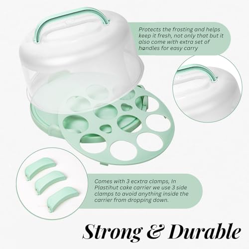 Plastihut Cake Carrier With Lid and Handle – All In 1 Multipurpose Cake Storage Container Fits 10" Cake, 11 Cupcakes & A Cake Plate Serves as 5 Section Serving Tray for Snacks & Fruit - Mint